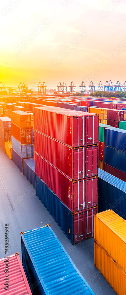 Shipping containers stacked at a bustling port during sunset ...