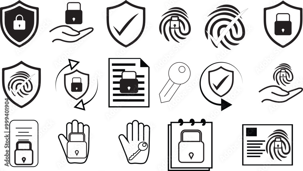 Security icons lock with hand, key with hand, lock with fingerprints ...