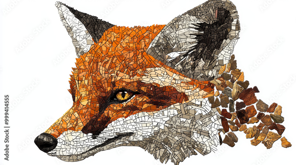 Mosaic of a gentleman fox head composed of rugged items in various ...