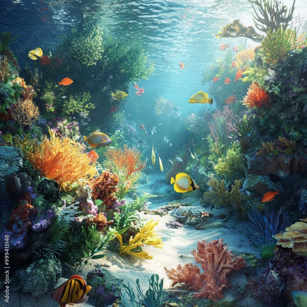 A detailed rendering of a marine ecosystem, showcasing various species ...
