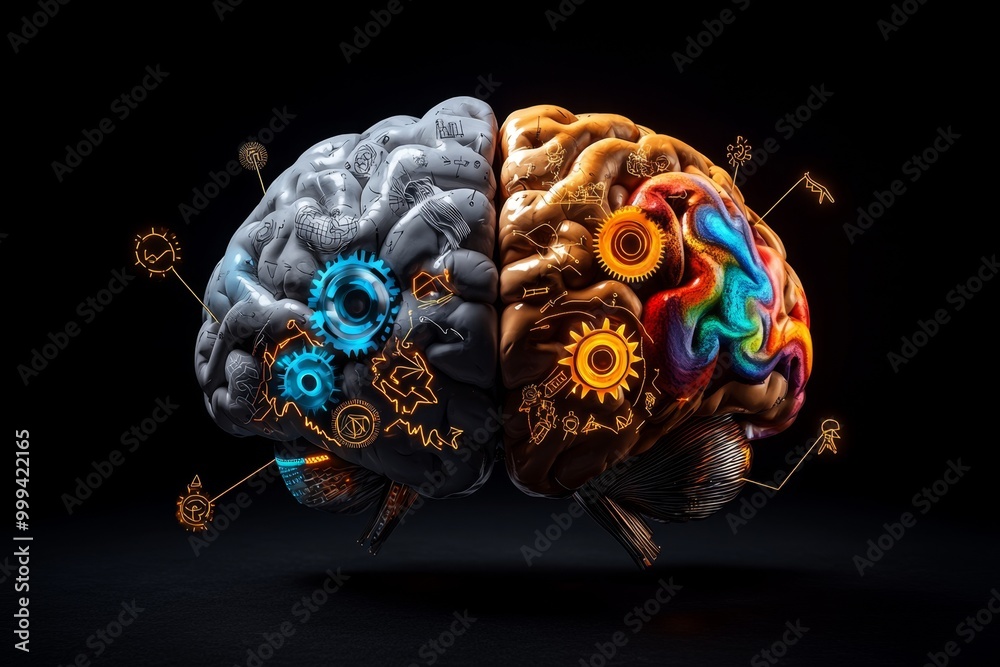 A human brain split into left and right sides, with one side showing ...