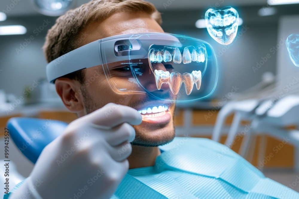 Futuristic dentist using augmented reality glasses, overlaying digital ...