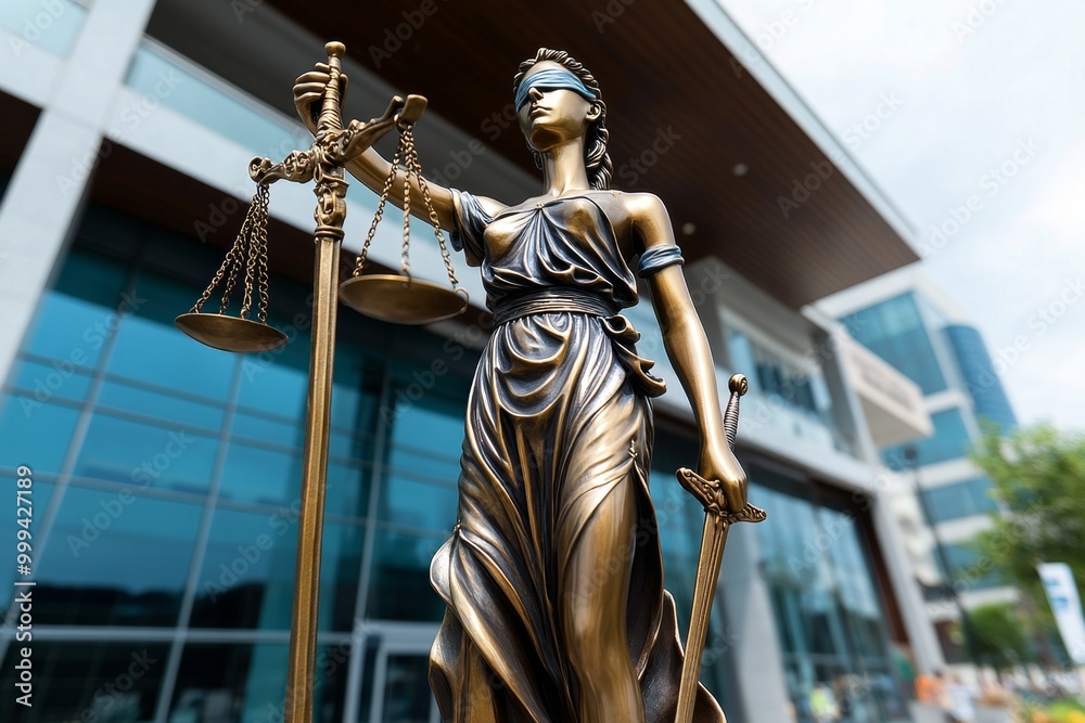 Justice statue holding scales and a sword, standing tall in front of a ...