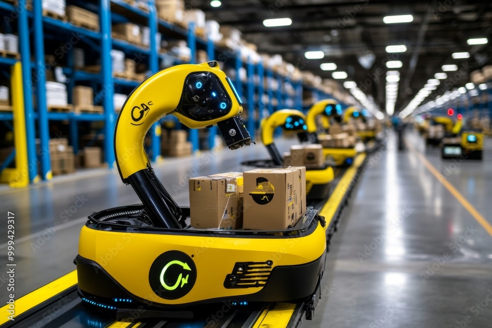 Warehouse robots sorting and transporting packages, working efficiently in a fully automated ...