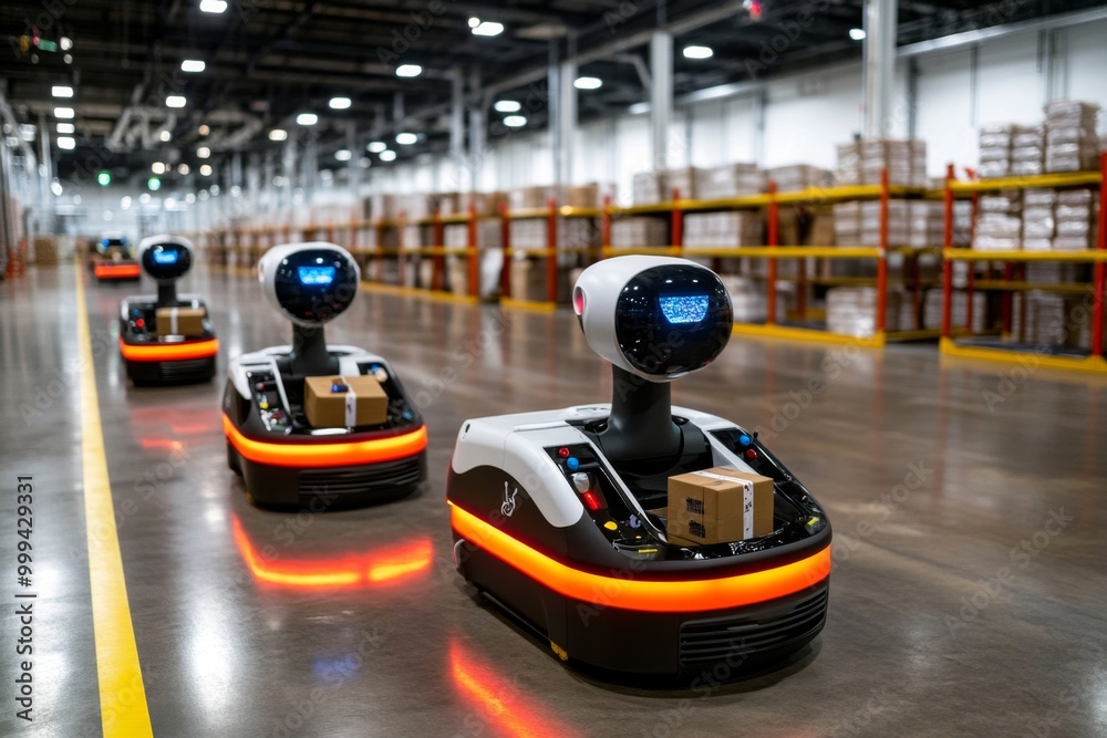 Warehouse robots sorting and transporting packages, working efficiently in a fully automated ...