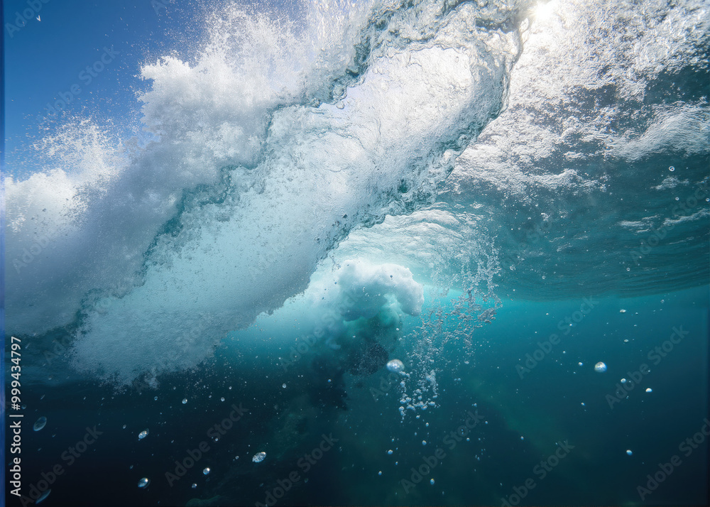 "Dynamic Underwater View of Breaking Ocean Wave with Sunlight Shining ...