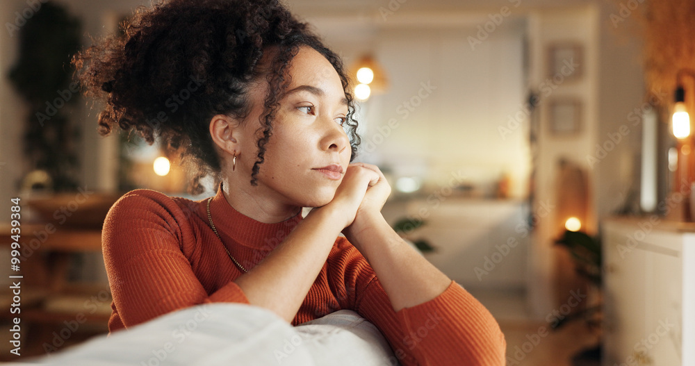 Depression, lonely and sad with face of woman on sofa in living room of ...
