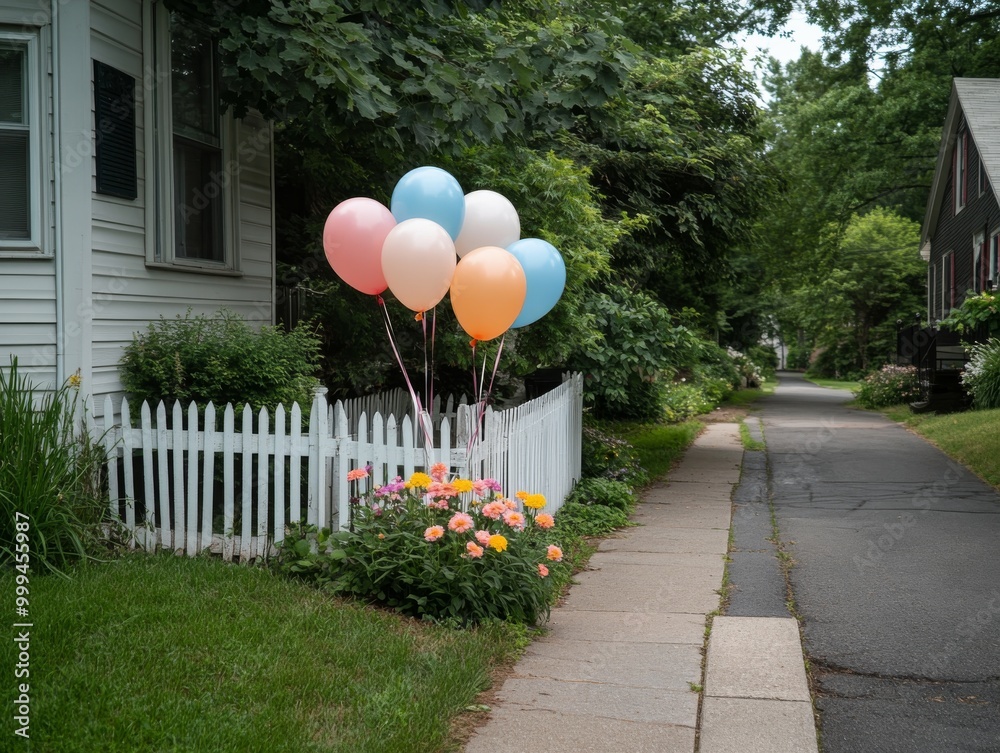 A cheerful display of colorful balloons tied to a picket fence enhances ...