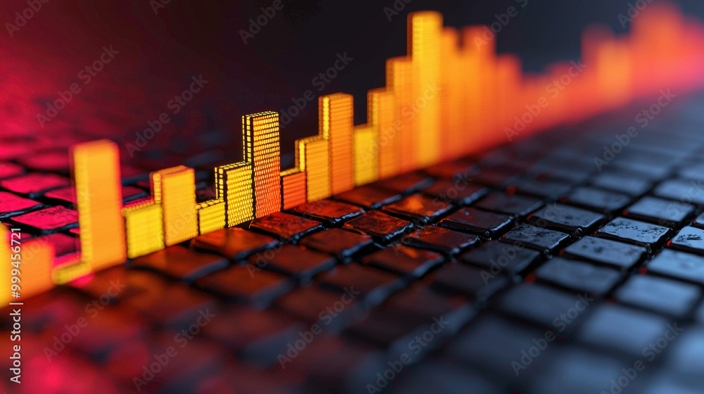 Abstract glowing bar graph in orange and yellow tones on a dark, glossy ...