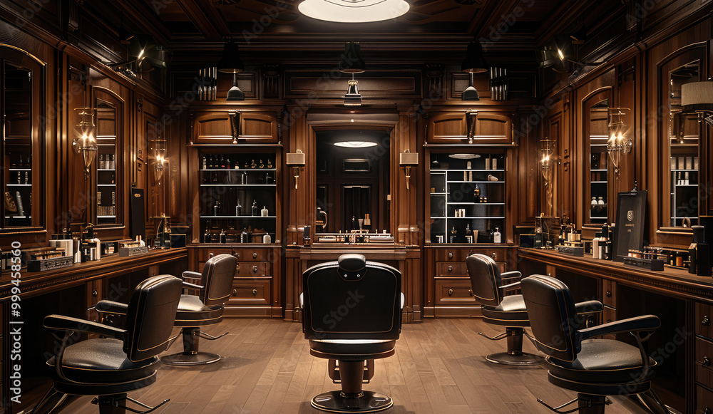 An upscale men's barber shop with dark wood paneling and classic design ...