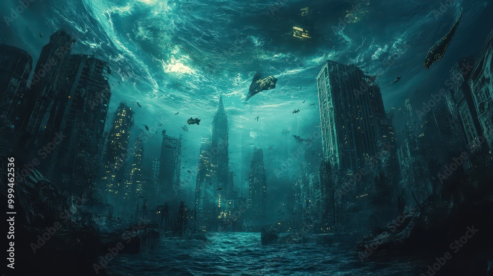 Modern Building office or city town is submerged the ocean sea and fish ...