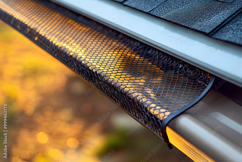 Installing gutter guard mesh screen on rain guttering. Home maintenance ...