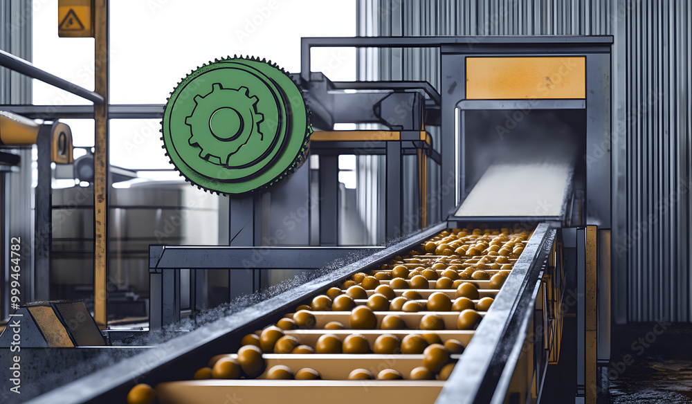 Illustration of a pelletizing plant with conveyor belt, gears, and ...