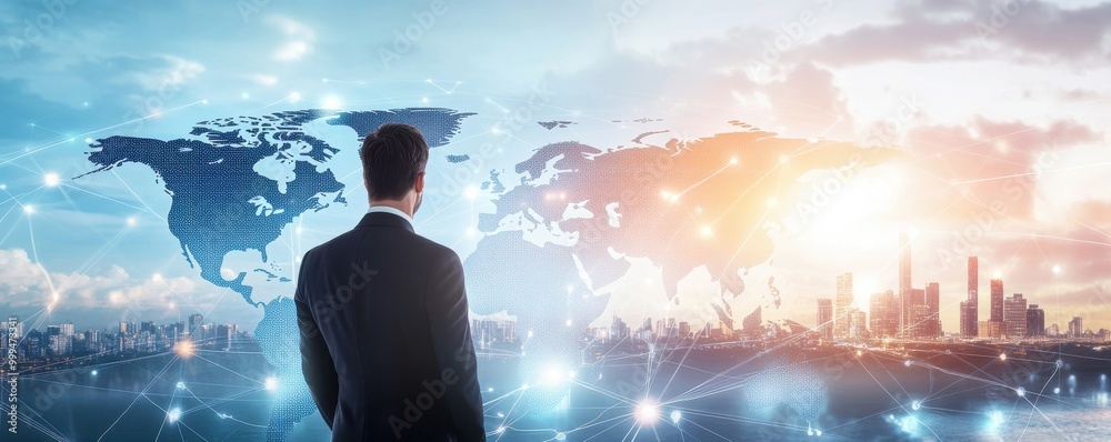 Businessman looking at a digital world map with city skyline ...