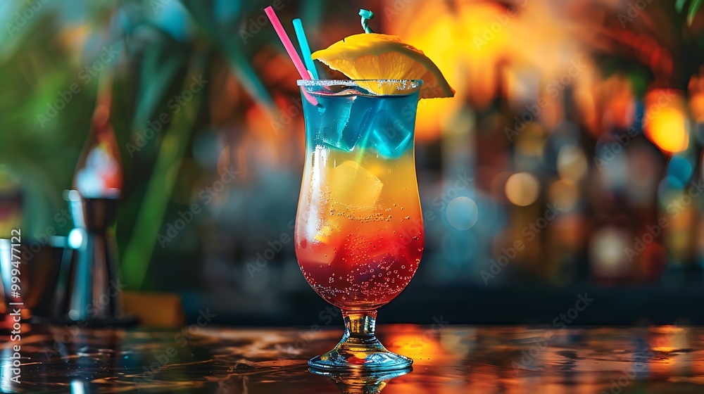 A colorful layered mocktail served in a hurricane glass, with each ...