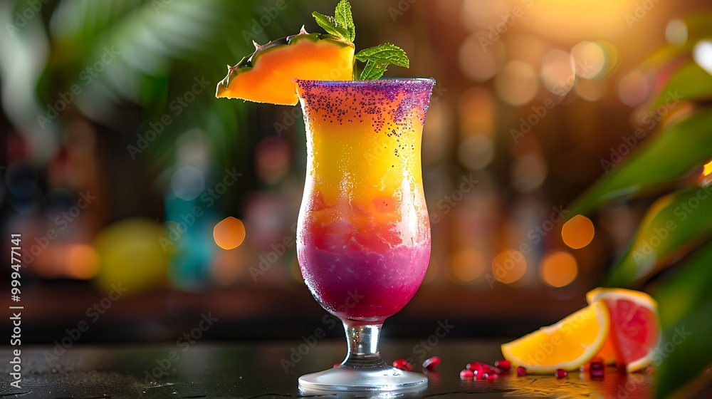 A colorful layered mocktail served in a hurricane glass, with each ...