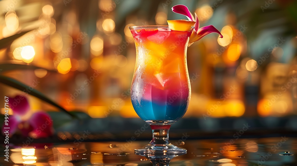 A colorful layered mocktail served in a hurricane glass, with each ...