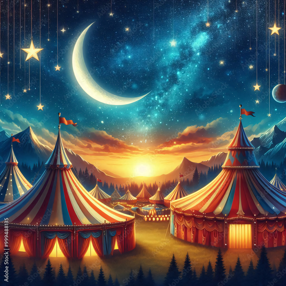 Circus tents under a starry night sky with a crescent moon and a ...
