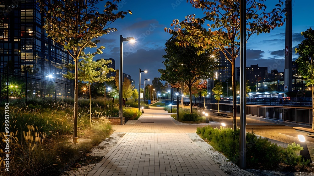 Nighttime walk through a modern city park, illuminated by streetlights ...