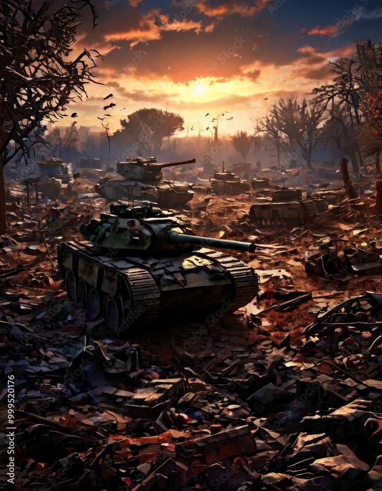 A dramatic post-apocalyptic scene featuring multiple tanks on a ...