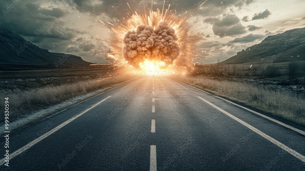 Asphalt road goes to a nuclear explosion. Terrible atomic explosion of ...