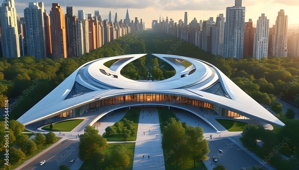 Aerial view of a modern triangular museum nestled within an urban park ...