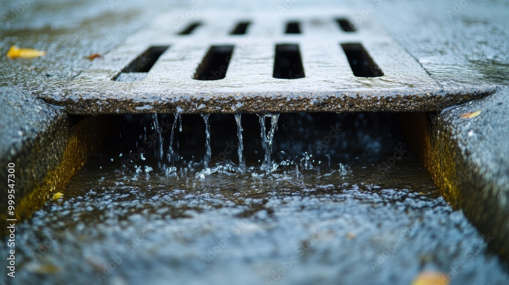 Stormwater street drain during heavy rain. Rain flowing into a storm ...