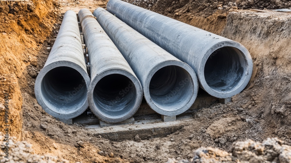 Concrete drainage pipes at the construction site. Laying of underground ...