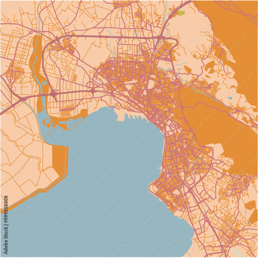 Map of Thessaloniki in Greece in a sandy theme. Contains layered vector ...