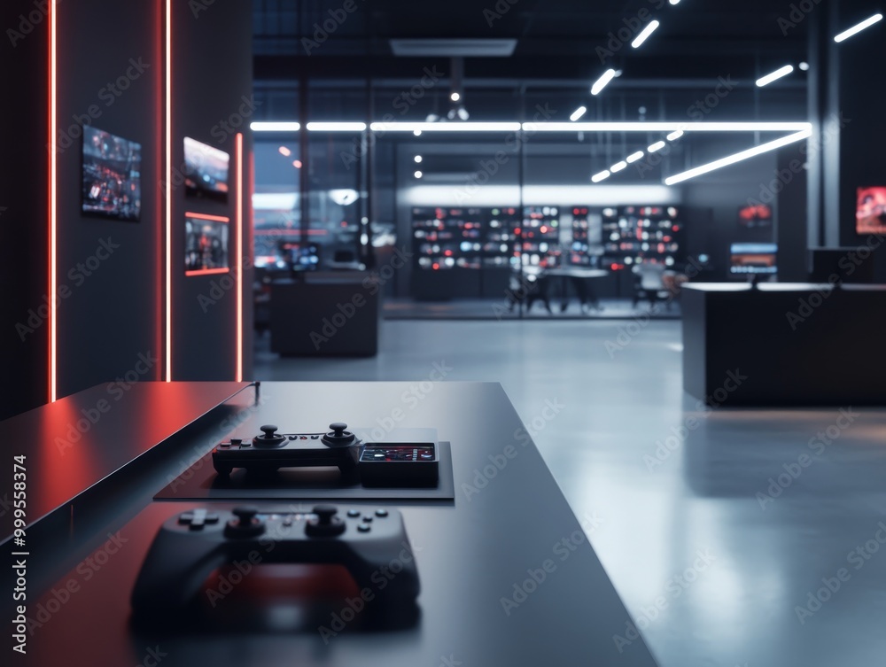 The modern VR gaming area features a sleek design, with glowing ...