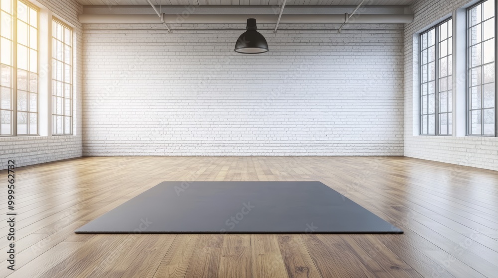 Yoga mat on natural wooden floor in empty room in fitness center ...