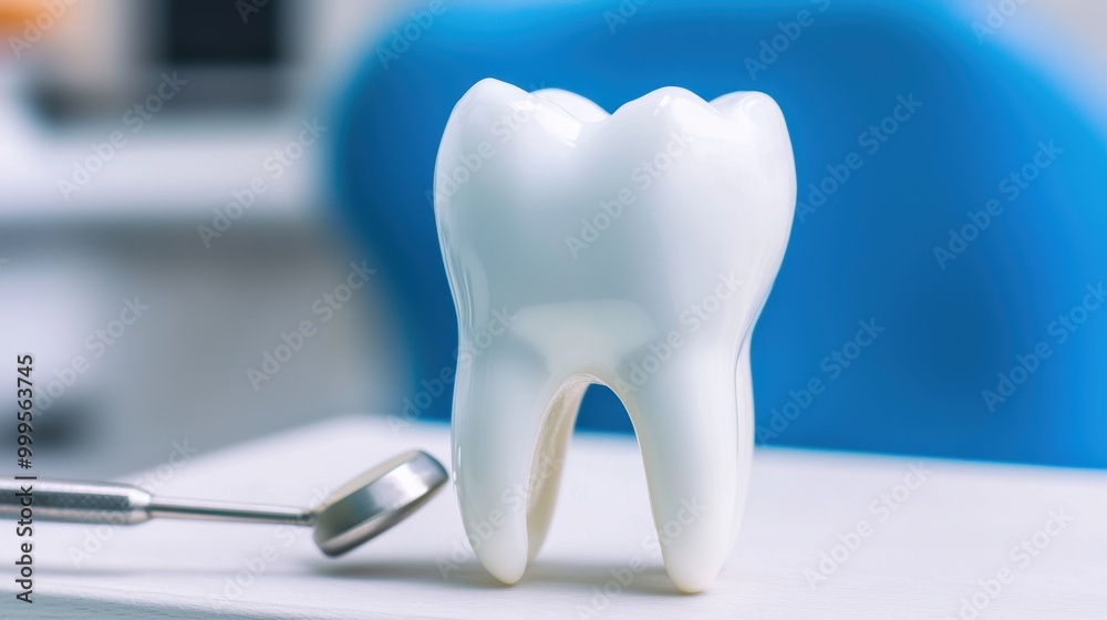 Dental model of tooth with examination tool Close-up of a tooth model ...