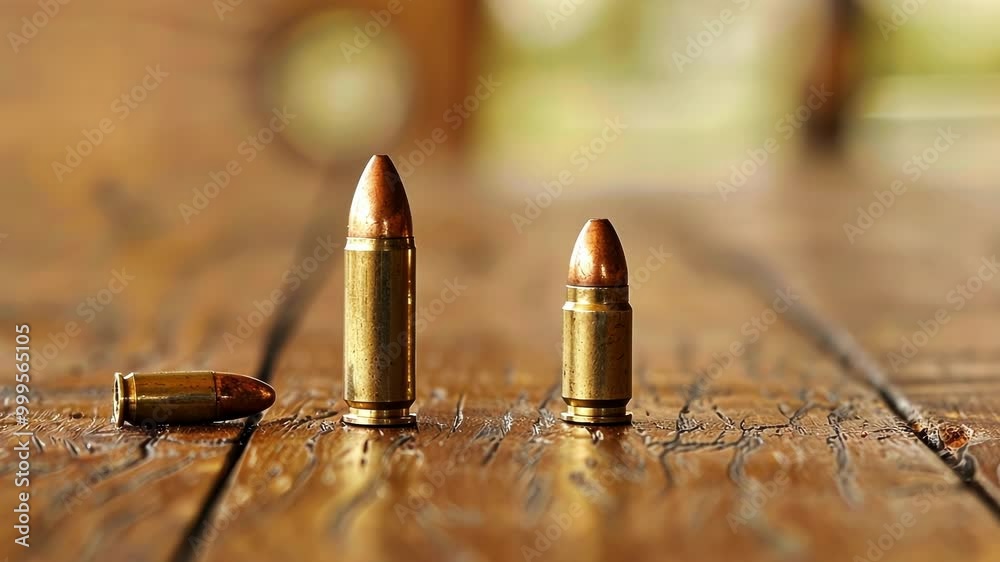Three bullets of different sizes are standing on a wooden desk ...