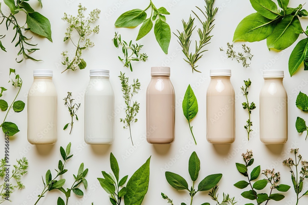 Bottles of plant-based milk with herbs. This photo showcases different ...