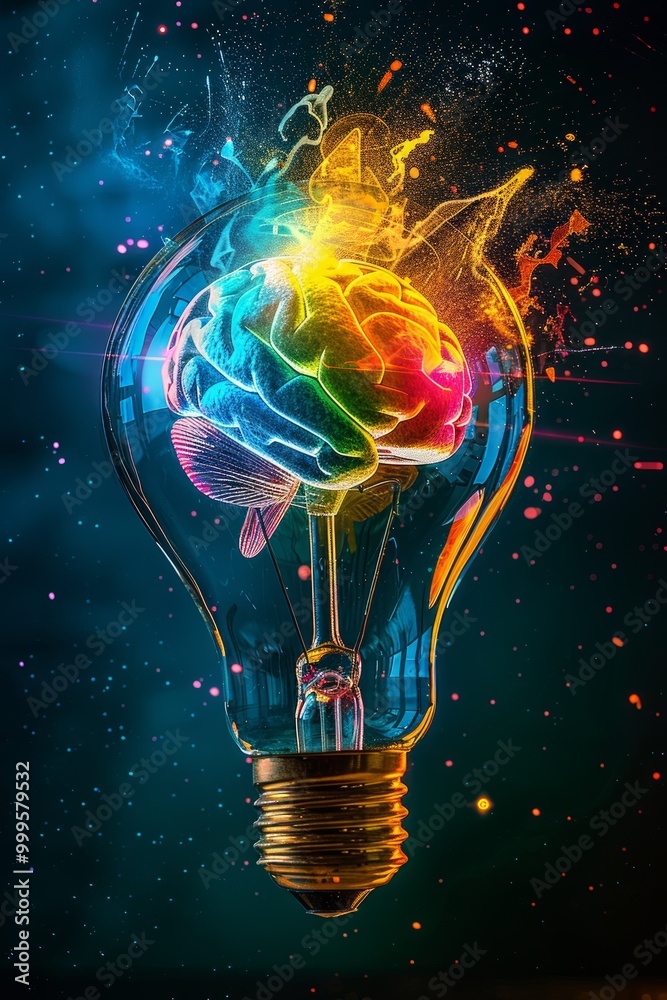 A vibrant brain illuminated within a light bulb, symbolizing creativity and innovation in a ...