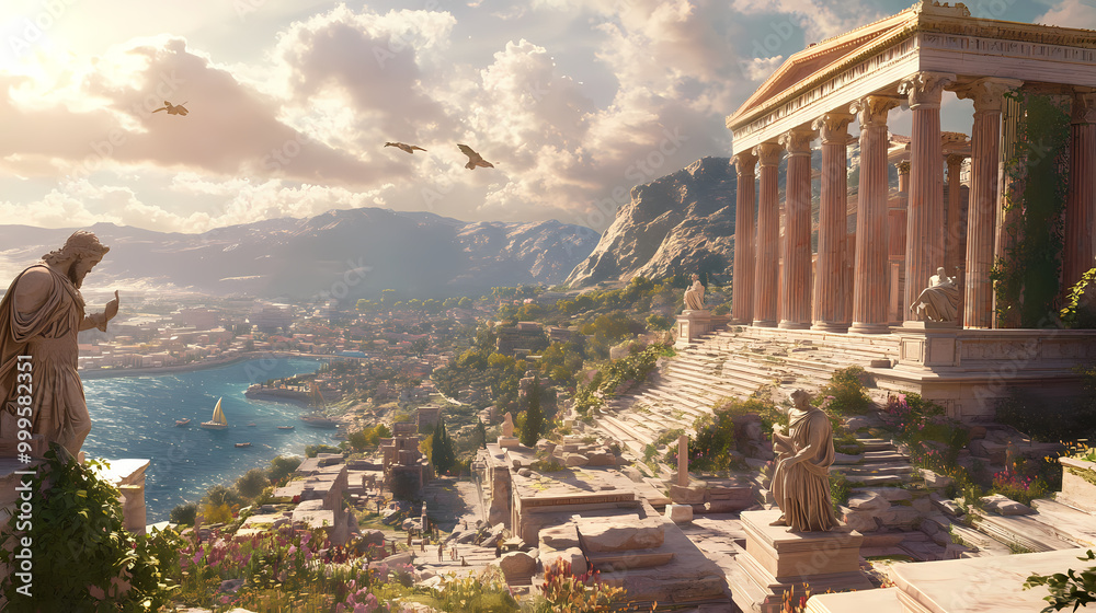 Generative AI, Ancient Greek Acropolis with Towering Marble Columns ...