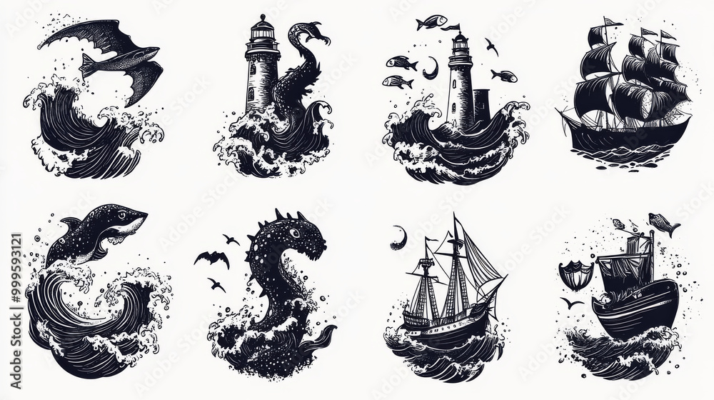 These are classic, hand-drawn designs for labels or badges. They ...