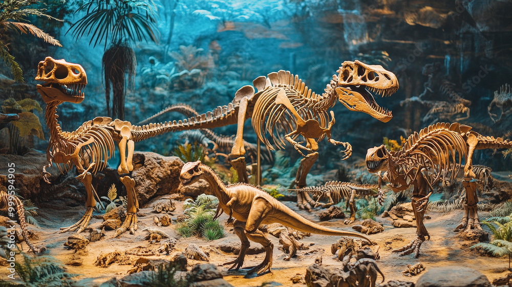 A group of dinosaurs including Tyrannosaurus Rex, Triceratops ...