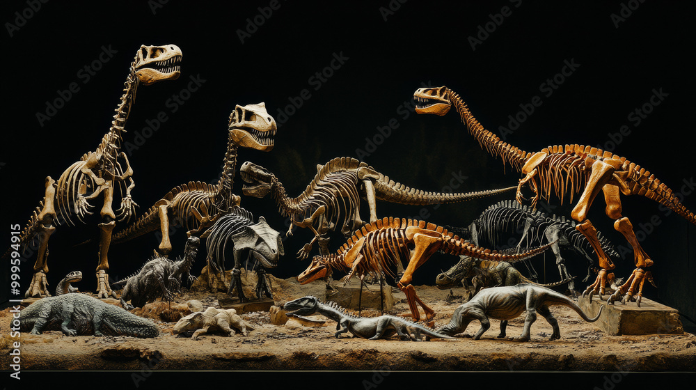 A group of dinosaurs including Tyrannosaurus Rex, Triceratops ...