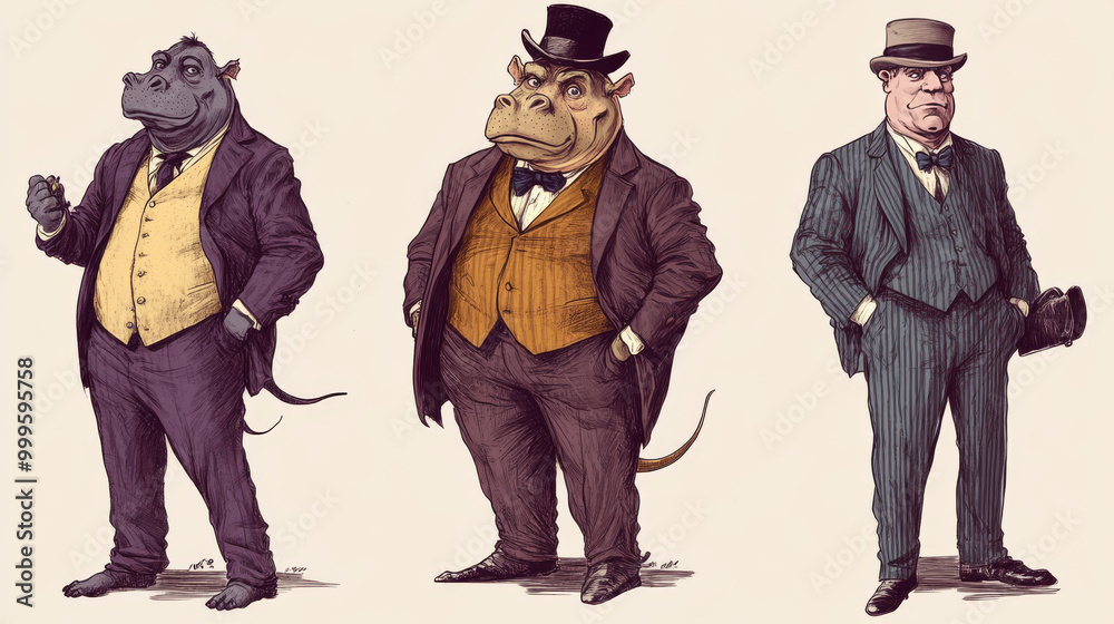 A stylish hippo wearing clothes, a dapper old man in a suit and top hat ...