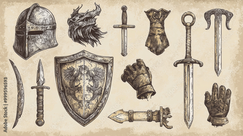 A collection of old-fashioned symbols like a helmet, gloves, a shield ...