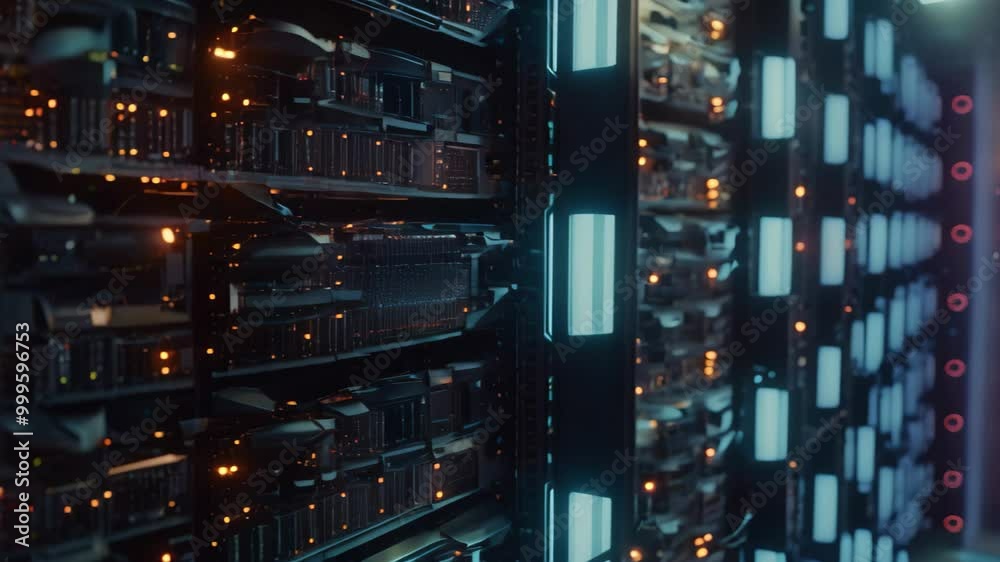 A Row of Servers in a Data Center, A densely layered stack of ...