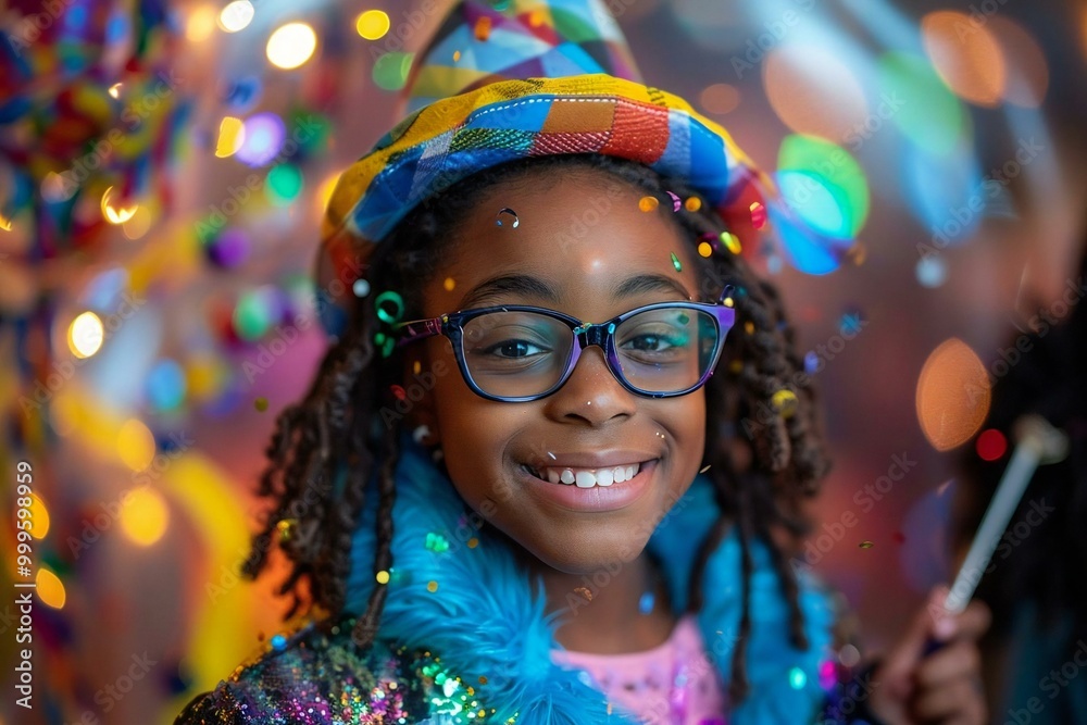 Beautiful young African American magician happily showing magic with a ...