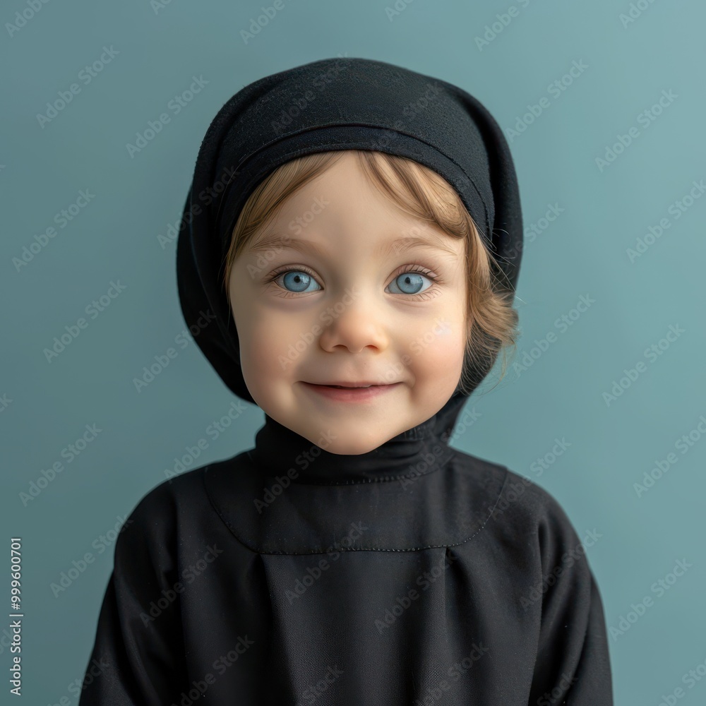 Adorable child dressed as a nun with bright blue eyes and cheerful ...