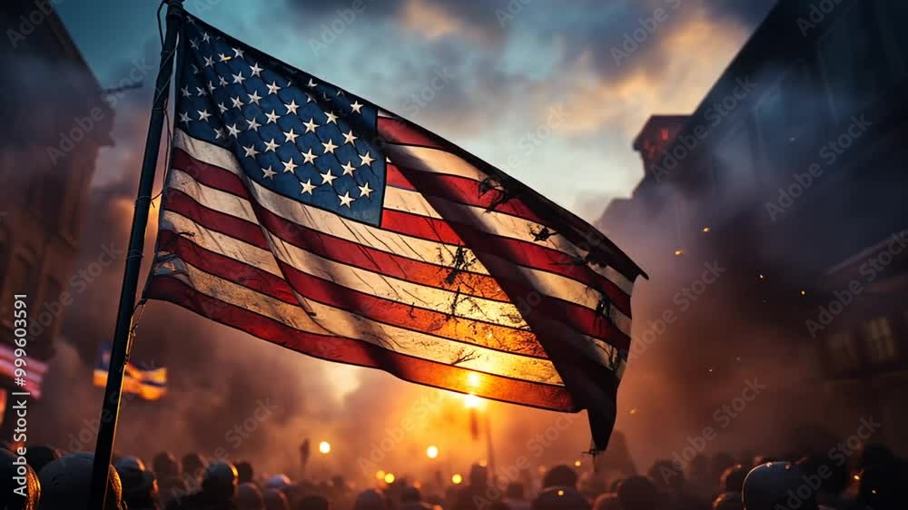 American flag waving amidst a fiery protest scene with smoke and ...