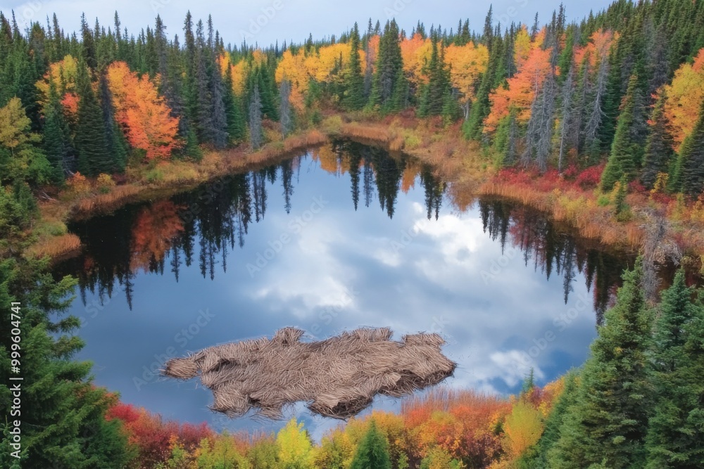 An aerial view of a beaver dam creating a pond, with reflections of ...
