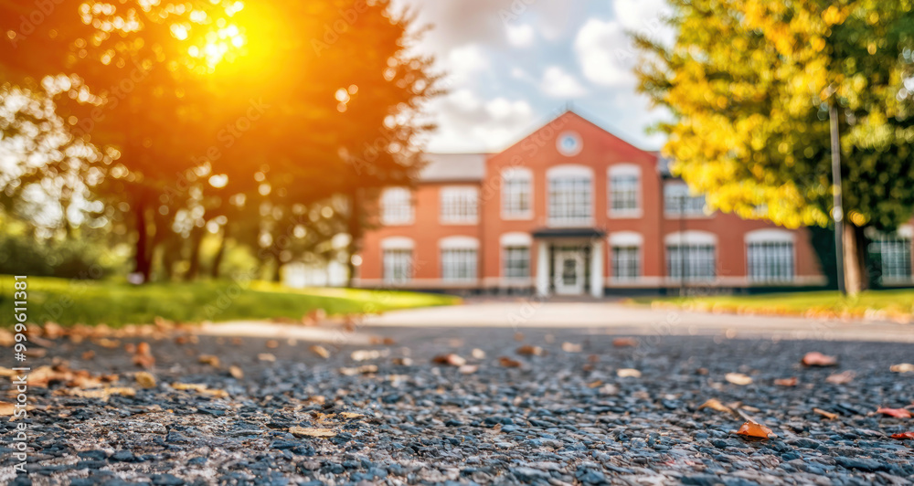 School building in autumn park. Blurred background. University campus ...