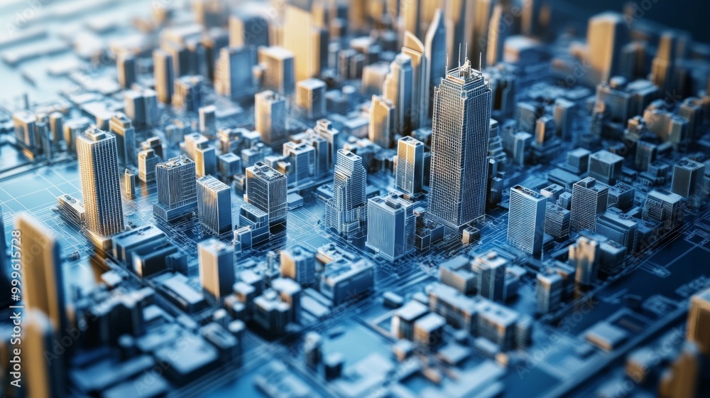Urban Blueprint, a digital 3D cityscape model with intricate blueprints ...