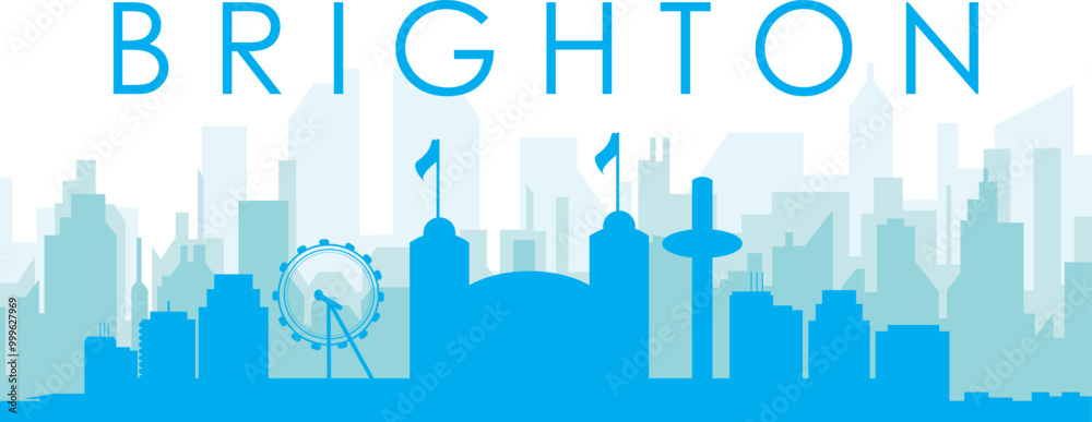 Blue panoramic city skyline poster with bluish misty transparent ...