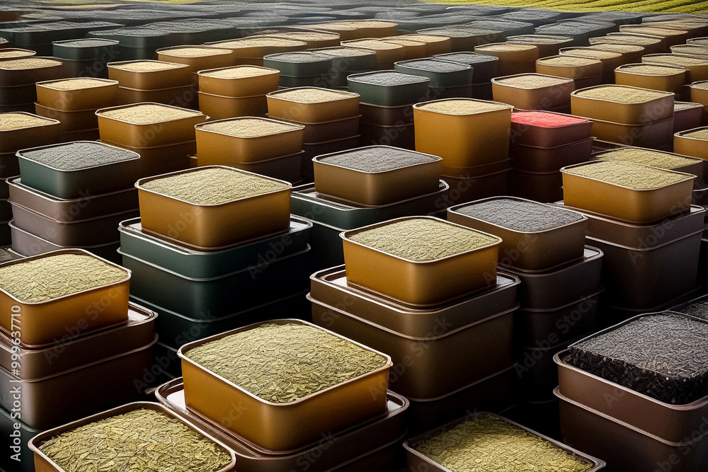 Warehouse in factory. Rows of plastic containers for packaging and ...
